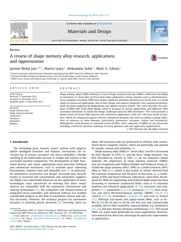 A Review of Shape Memory Alloy Research, Applications and Opportunities ...