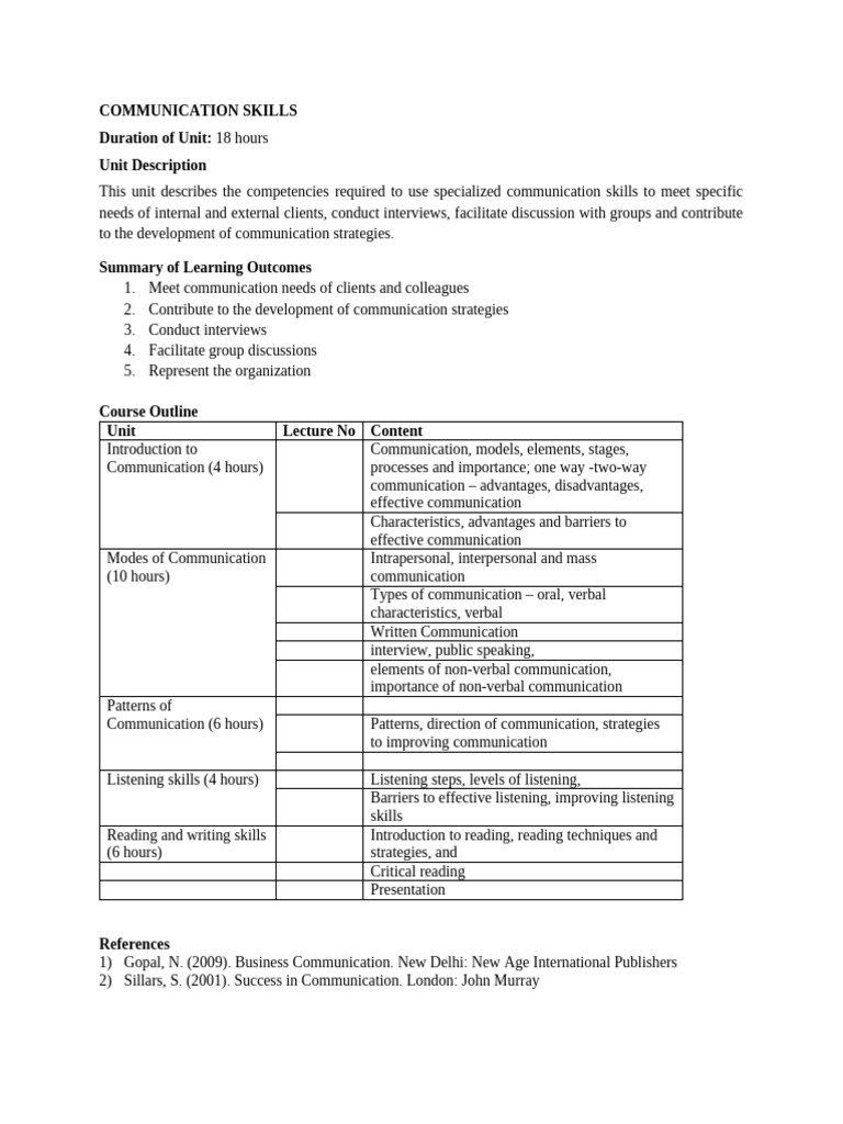 COMMUNICATION SKILLS Course Outline | PDF