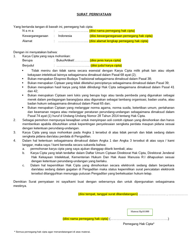 Blangko Surat Pernyataan HKI | PDF