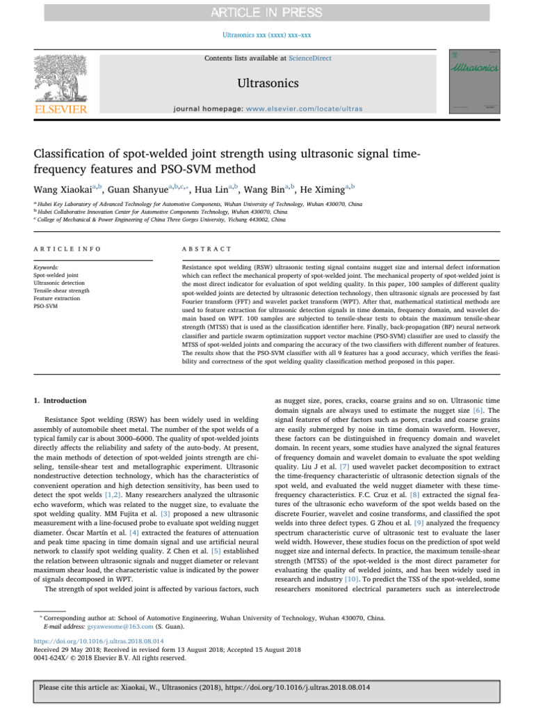 Classification of Spot-Welded Joint Strength Using Ultrasonic Signal Timefrequency Features and ...