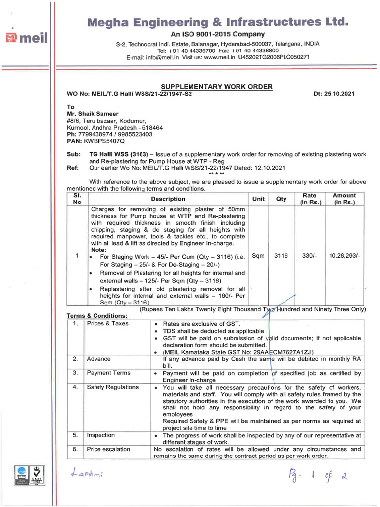 1947-S2 - WO - Shaik Sameer - Plastering Work - TG Halli | PDF