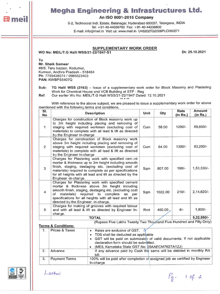 1947-S1 - WO - Shaik Sameer - Civil Works - TG Halli | PDF
