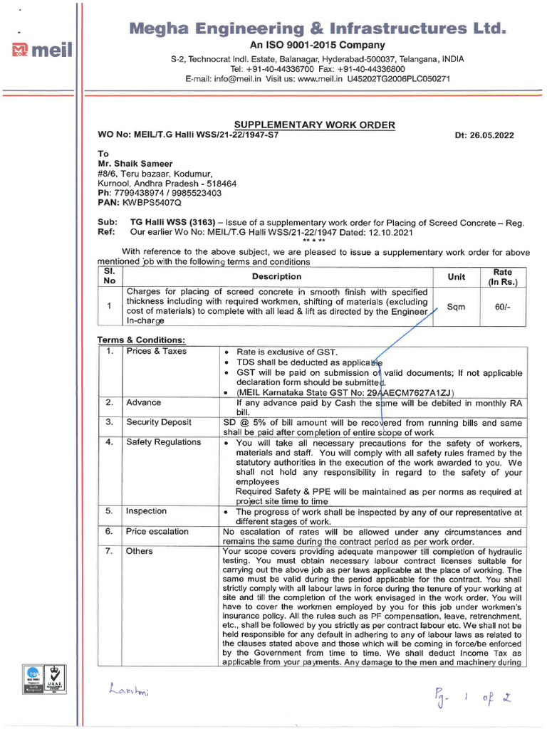 1947-S7 - WO - Shaik Sameer - Placing of Screed Concrete - TG Halli | PDF