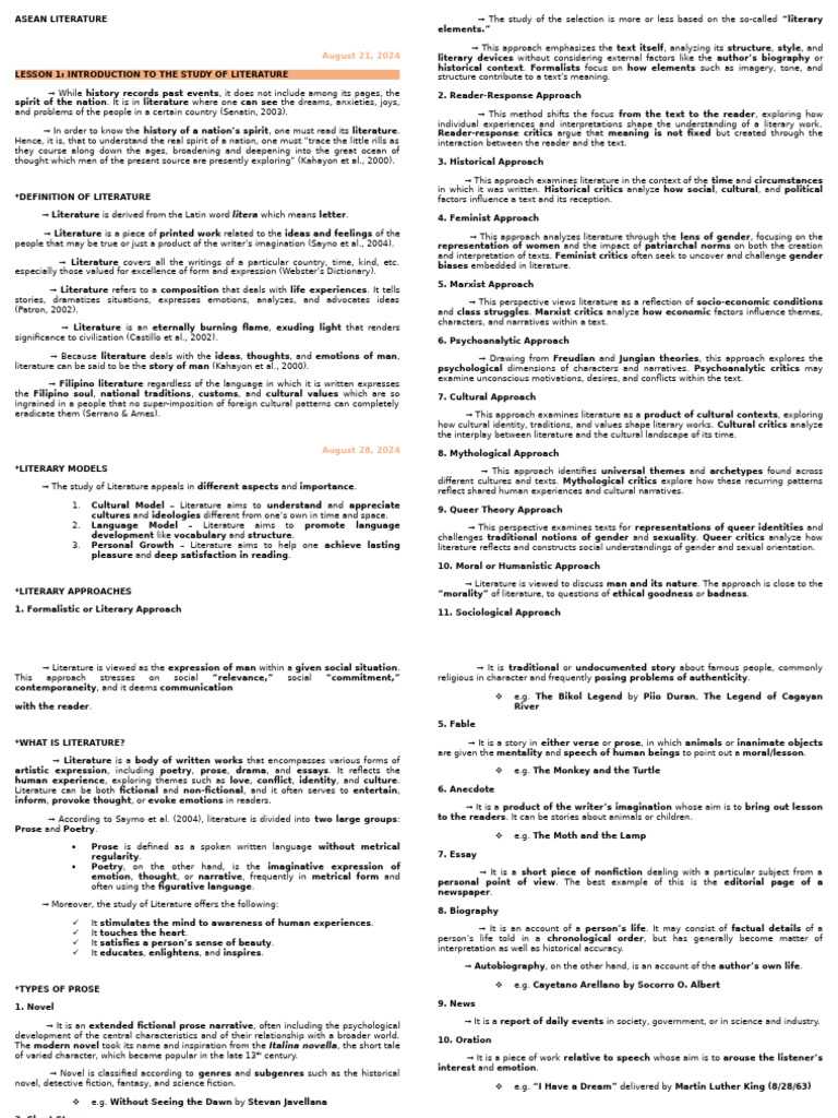 Asean Literature Notes | PDF