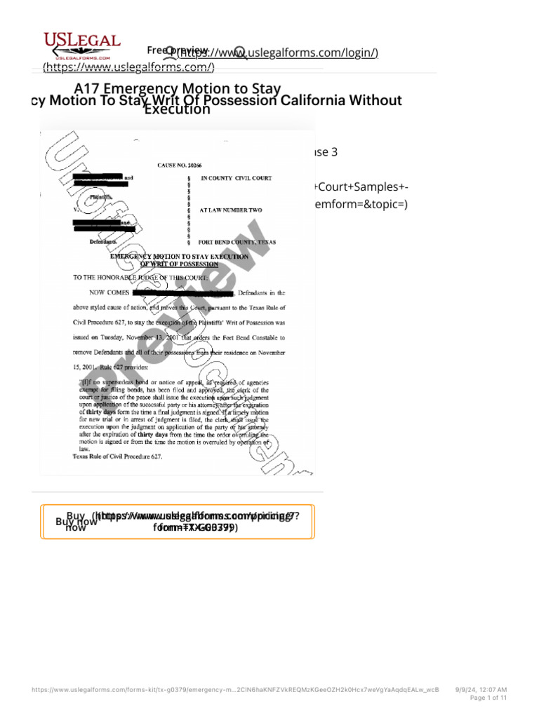 Emergency Motion to Stay Writ of Possession California Without Notice ...