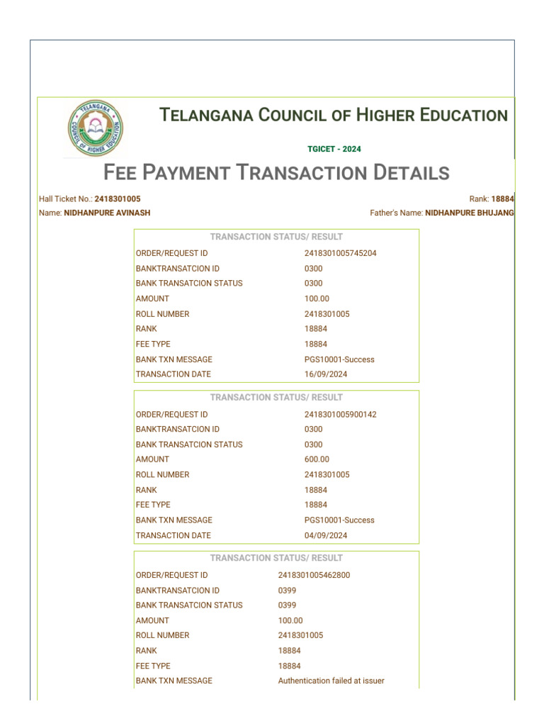TGICET 2024 Rank and Fee Details | PDF | Financial Transaction | Payments