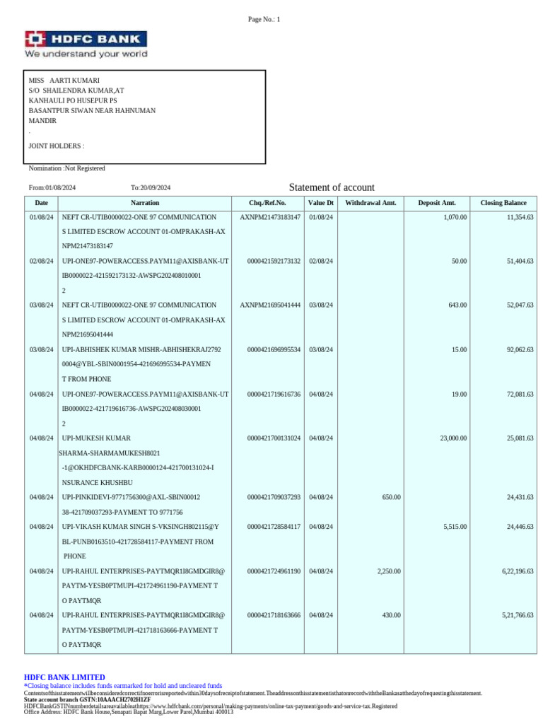 Statement of Account: Date Narration Chq./Ref - No. Value DT Withdrawal ...