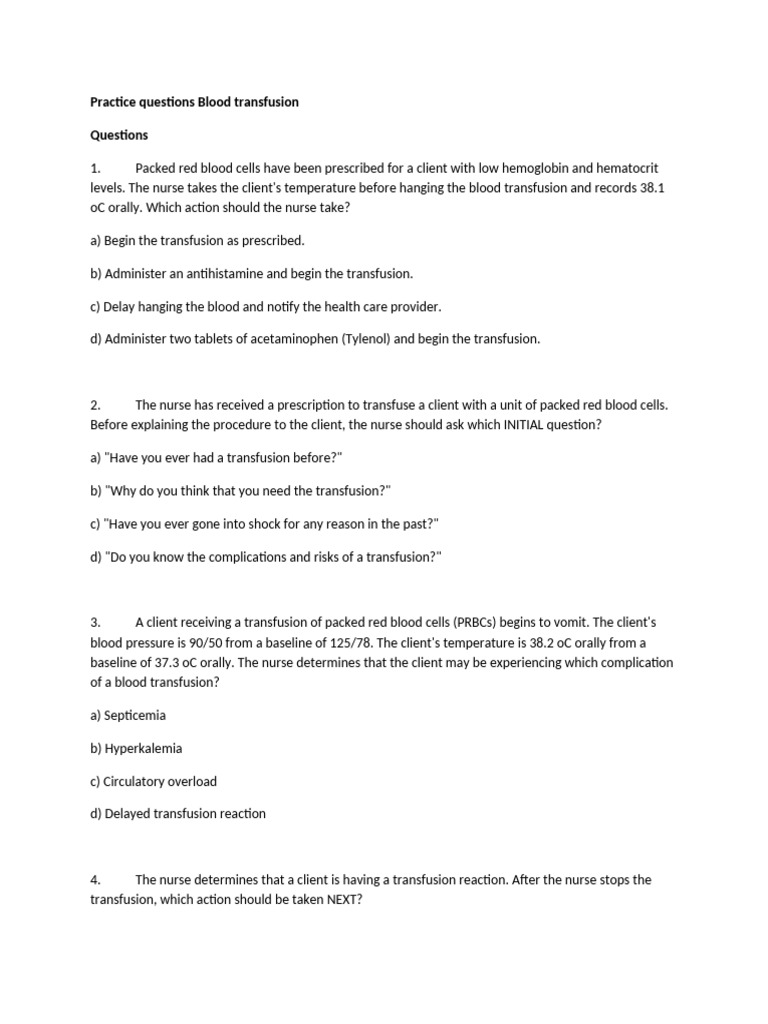Blood Transfusion Practice Questions | PDF | Blood Type | Science ...