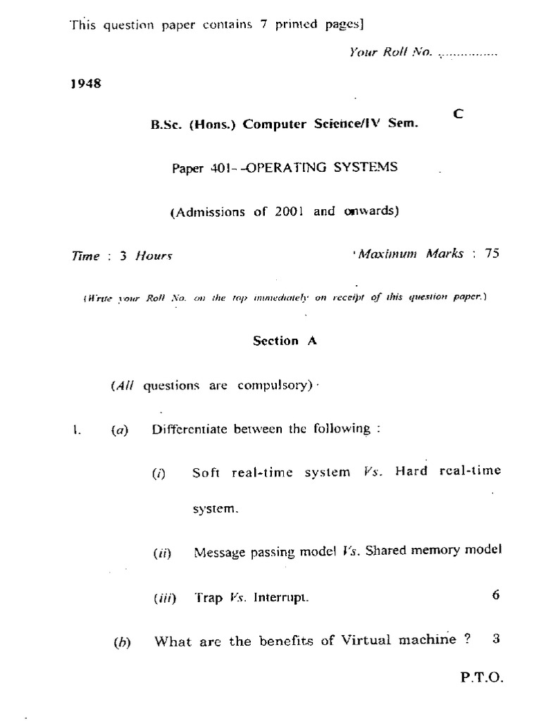 1948b.sc Hons Computer Science IV Sem Paper 401 Operating Systems | PDF