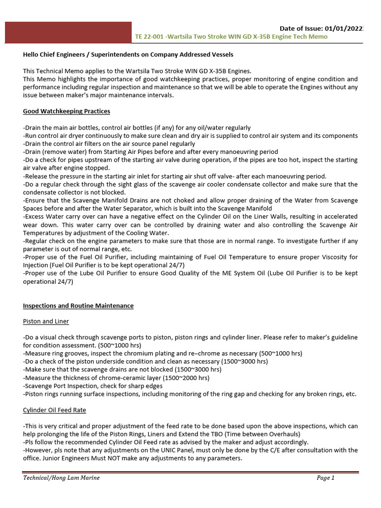 TE 22-001 - Wartsila Two Stroke WIN GD X-35B Engine Tech Memo | PDF