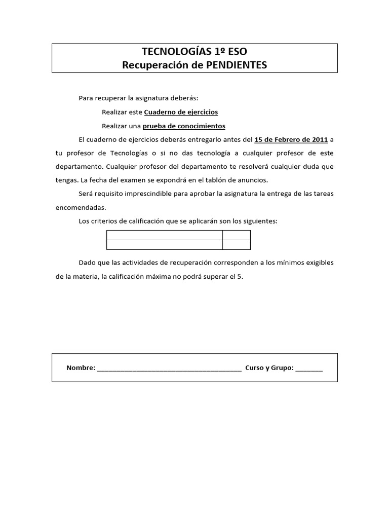 Cuaderno Recuperación Tecnología Pendiente 1º-ESO | PDF