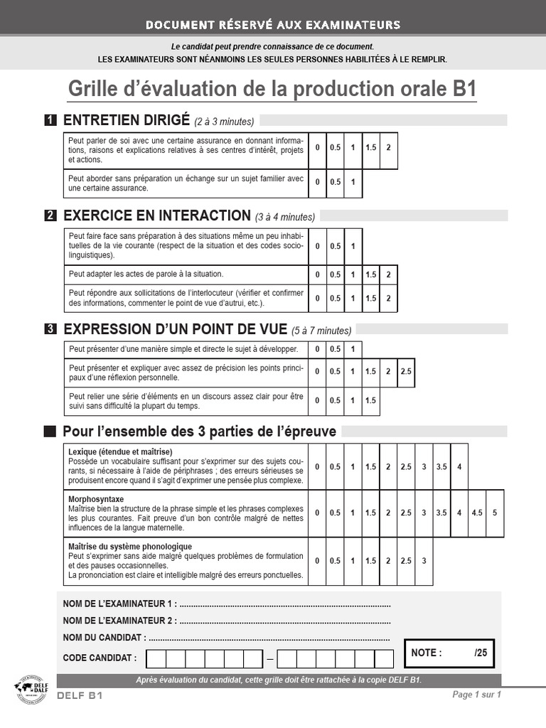 Grille D'évaluation de La Production Orale DELF B1 | PDF
