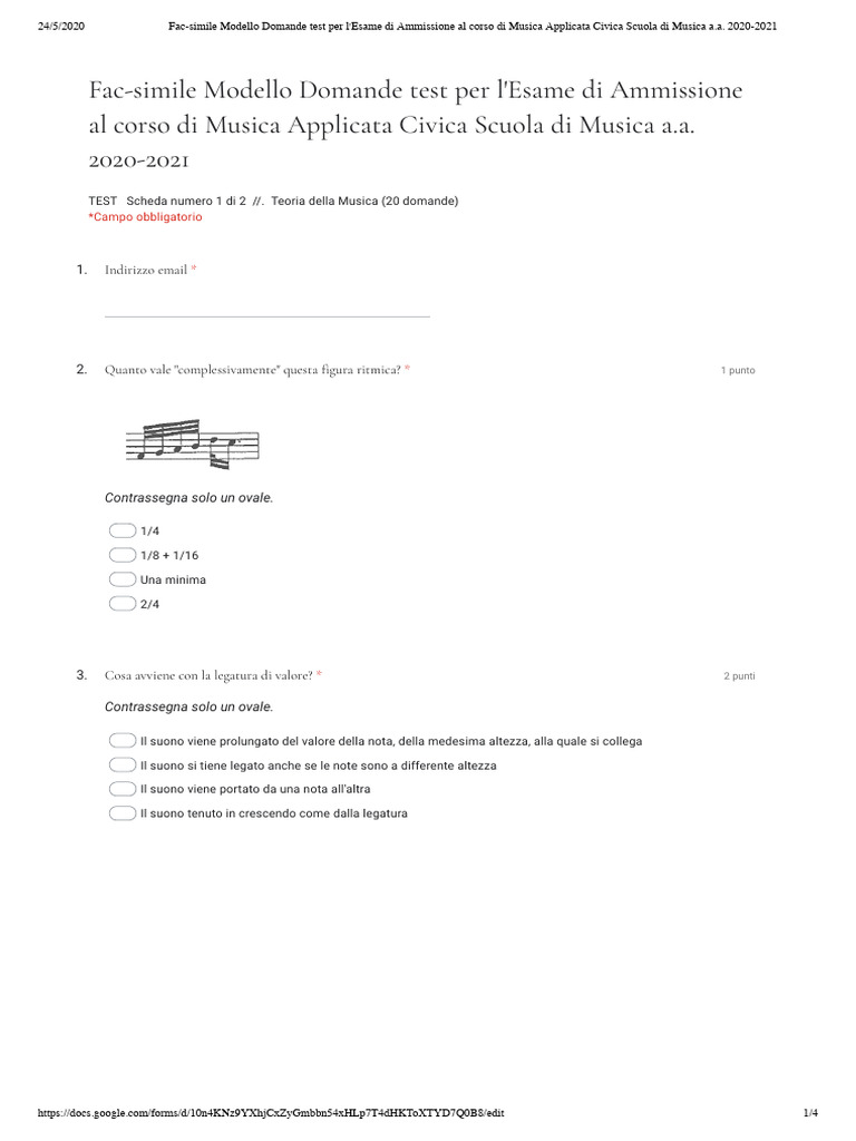 Fac Simile TEST AMMISSIONE Musica Applicata Teoria | PDF