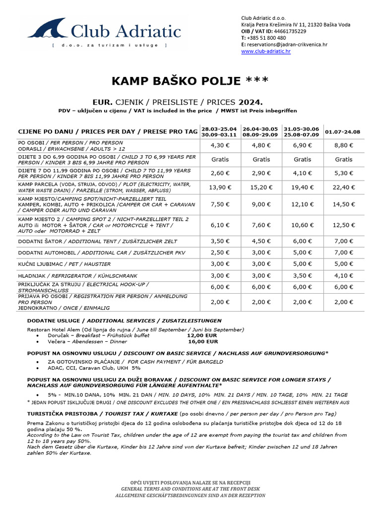 Cjenik Kamp-Basko-Polje Euro 2024 | PDF