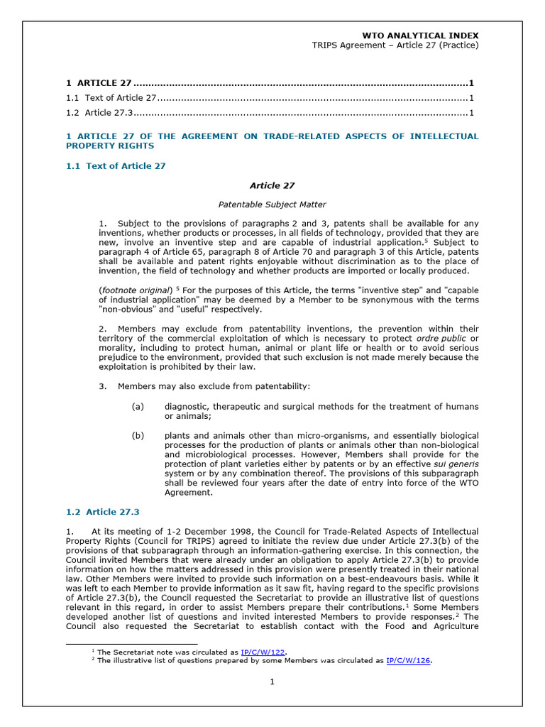 Trips Patentable Subject Matter | PDF | Patent | Science & Mathematics