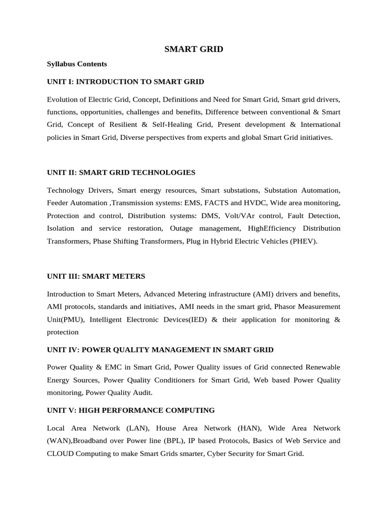 Smart Grid: Syllabus Contents Unit I: Introduction To Smart Grid | PDF