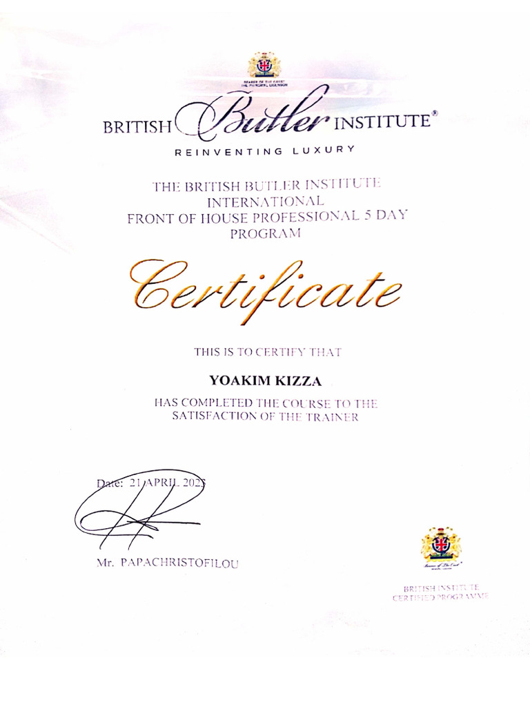 Butler Certificate | PDF