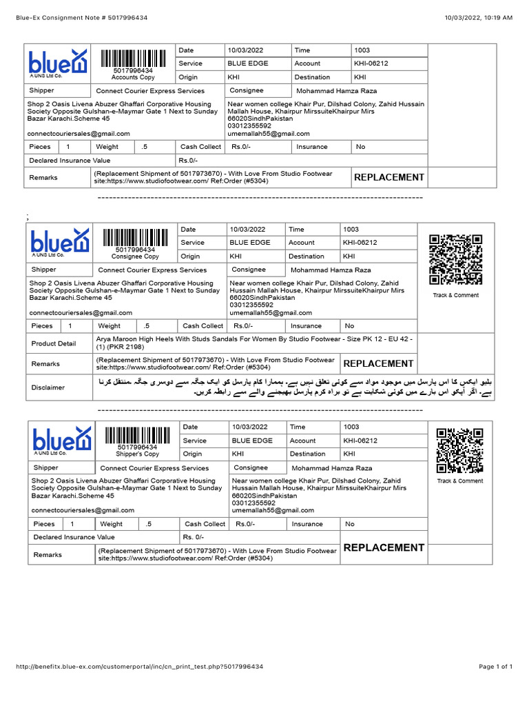 Blue-Ex Consignment Note # 5017996434 5304 | PDF