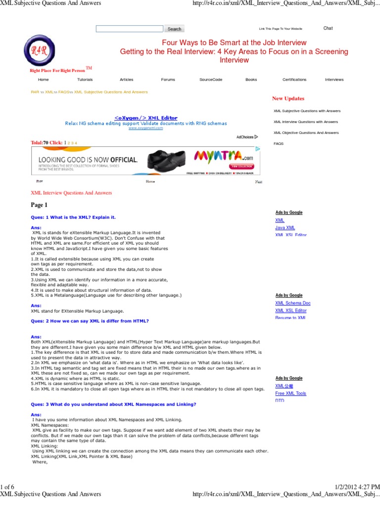 XML Subjective Interview Questions And Answers | PDF | Xml | Html Element