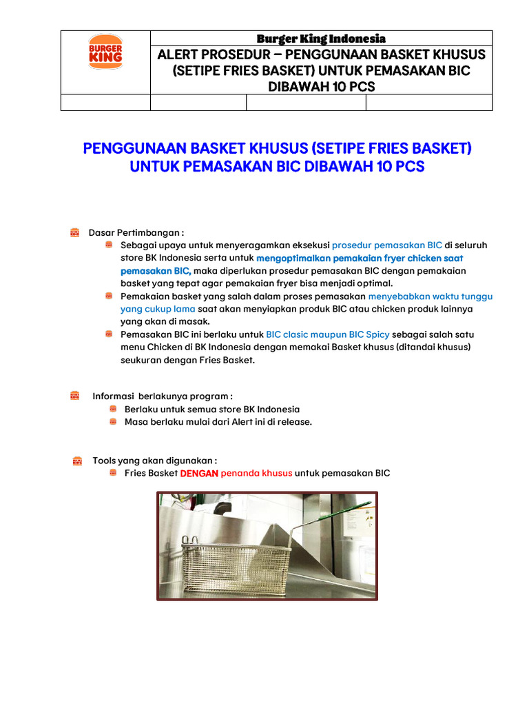 ALERT Procedure - PENGGUNAAN BASKET KHUSUS (SETIPE FRIES BASKET) UNTUK ...