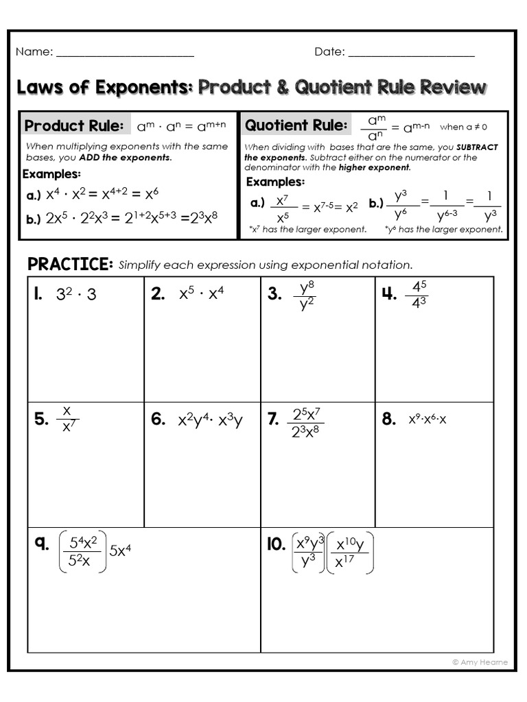 Laws of Exponents:: Product & Quotient Rule Review | PDF