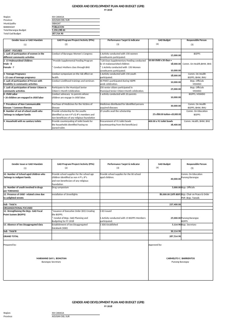 Gender and DEvelopment Plan and BUdget 2018 | PDF