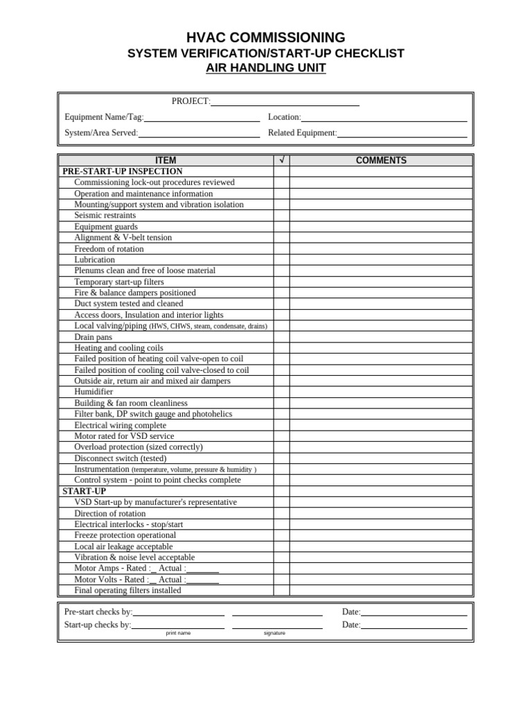 Hvac Commissioning System Verification Start Up Checklist Air Handling ...