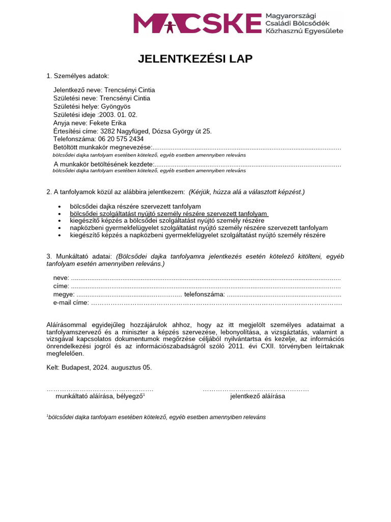 Jelentkezési Lap | PDF