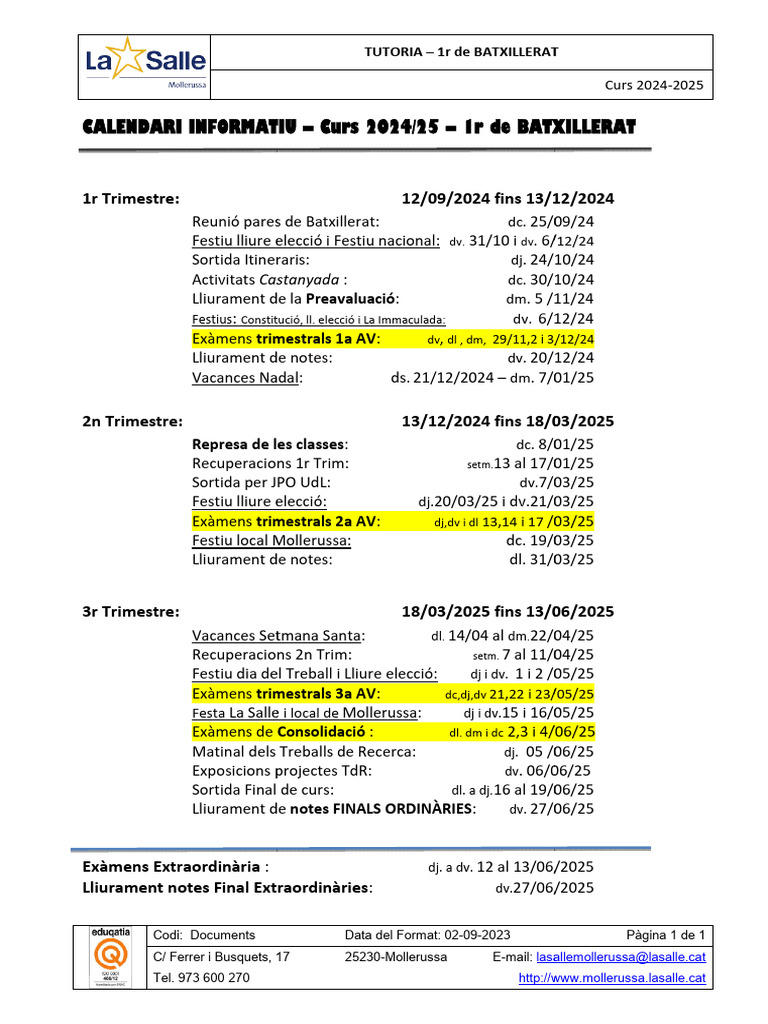 Calendari Informatiu 1r BAT 2425 | PDF
