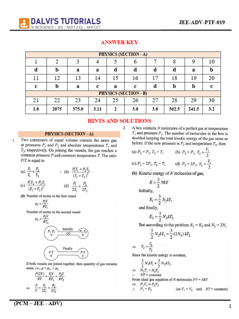 Jee-Adv-Ptf-019 - Xiith - Phy - Jee Adv - Thermodynamics & KTG - Hints & Solution | PDF