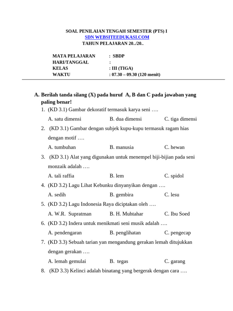 Soal PTS SBDP Kelas 3 Sm1 | PDF