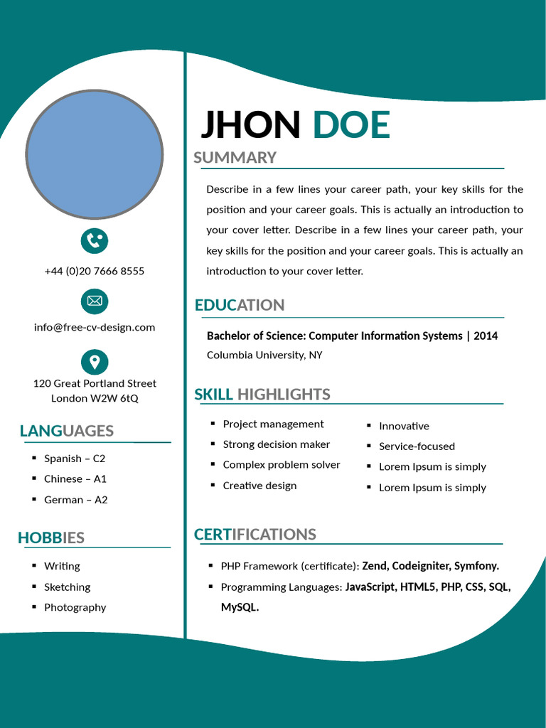 Free CV Design - Com Cv21 A4 | PDF