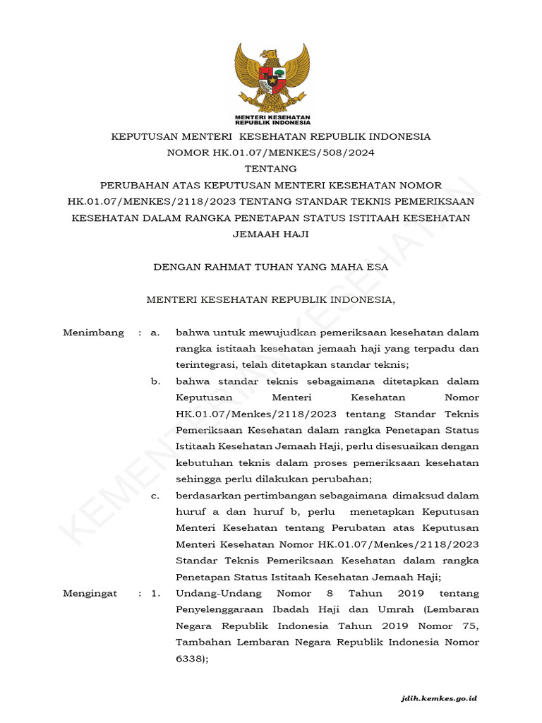 KMKNo. HK.01.07-MENKES-508-2024 TTG Perubahan Atas KMK No. HK.01.07-MENKES-2118-2023 TTG Standar ...