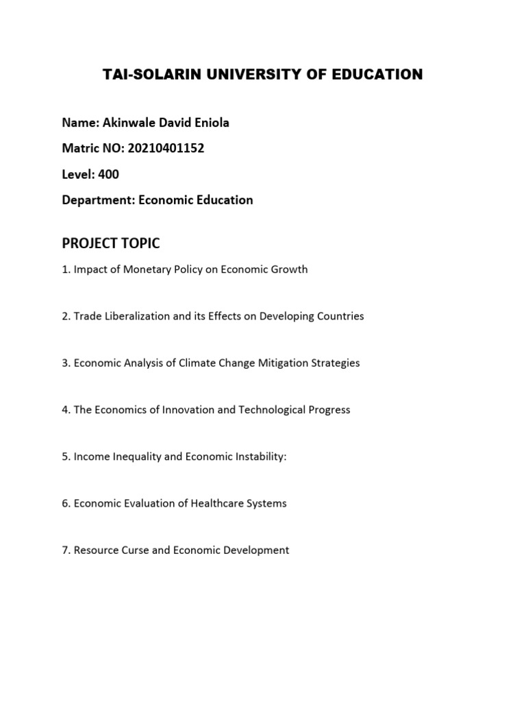 Project Topic: Tai-Solarin University of Education | PDF