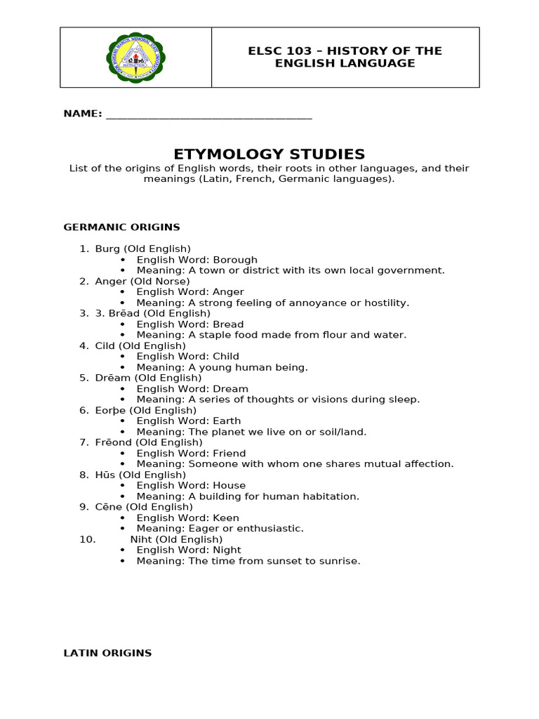 Etymology Studies Activity Format | PDF