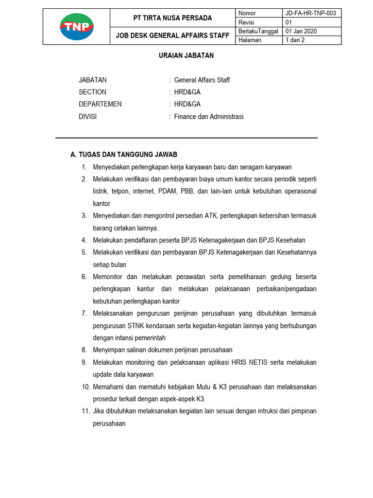 JD-FA-HR-TNP-003 GA Staff | PDF