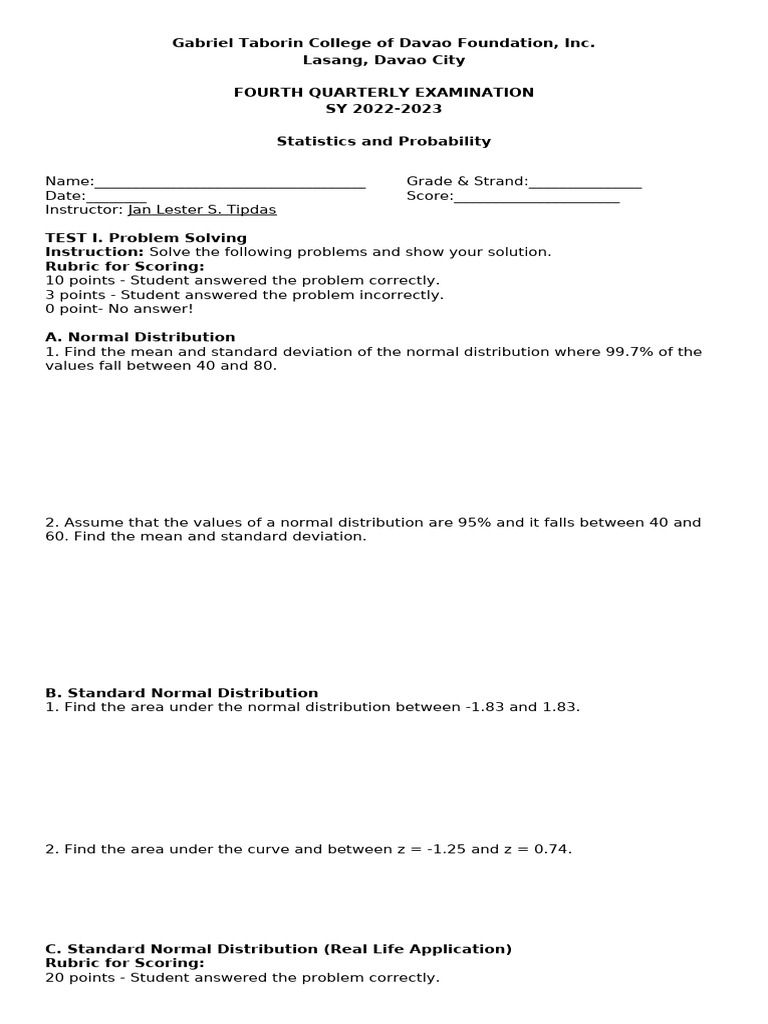 Stat & Prob TQ (Honor Students) | PDF