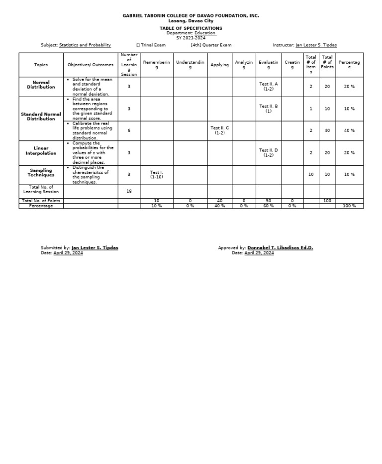 Stat and Prob TOS (Regular Students) | PDF