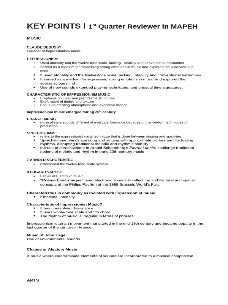 Keypoints For REVIEW MAPEH | PDF | Impressionism | Self-Improvement