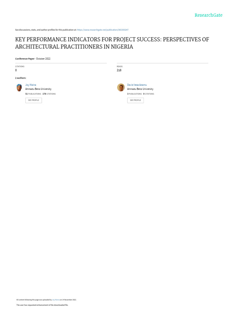 Mainaand Adamu 2022 Key Performance Indicatorsfor Project Success | PDF