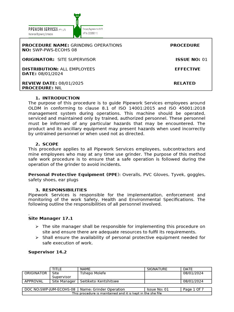 PWS Grinder Procedure SWP | PDF