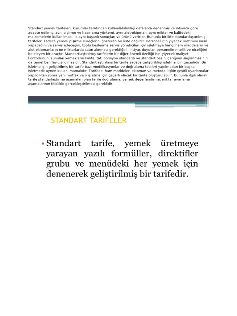 Standart Yemek Tarifeleri Nedir | PDF