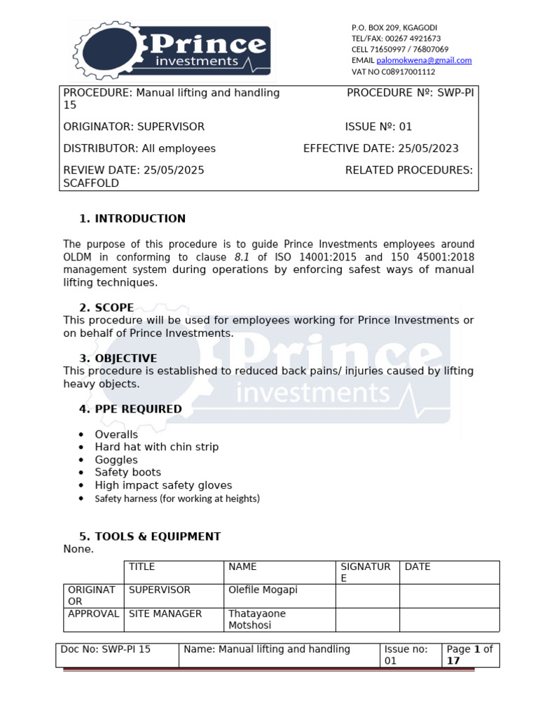 Manual Lifting and Handling SWP | PDF