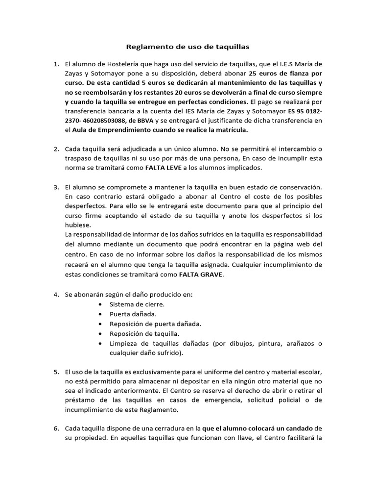Reglamento Taquillas Curso 24-25-1 | PDF