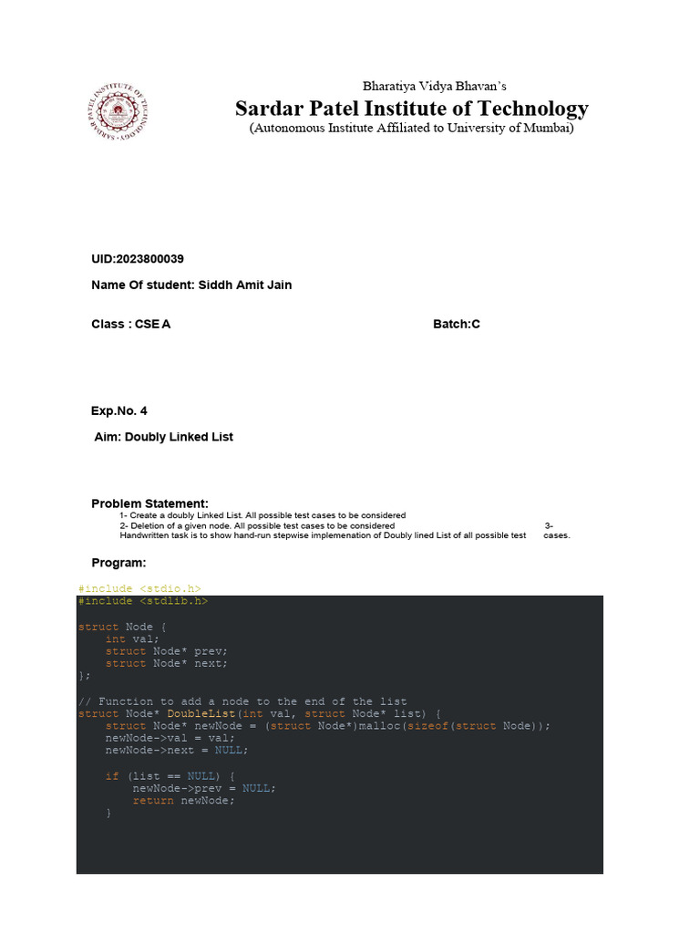 DS Experiment Doubly Linked List | PDF