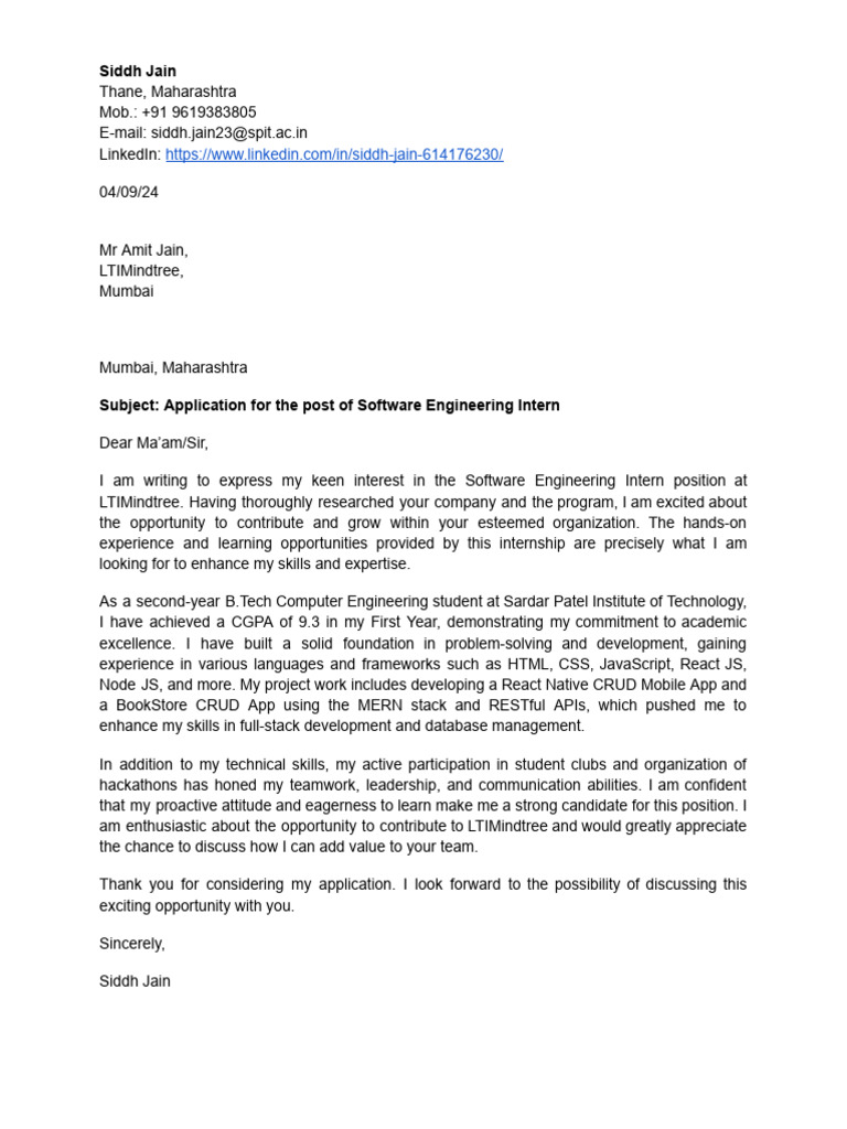 Siddh CoverLetter | PDF
