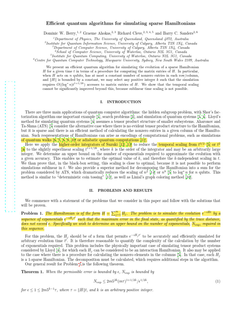 Efficient Quantum Algorithms For Simulating Sparse Hamiltonians | PDF Efficient Quantum Algorithms For Simulating Sparse Hamiltonians | PDF