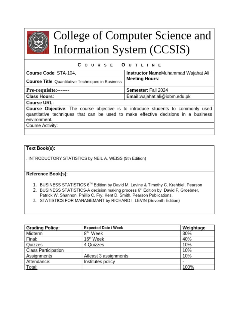 Course Outline STA 104 (STATS) | PDF