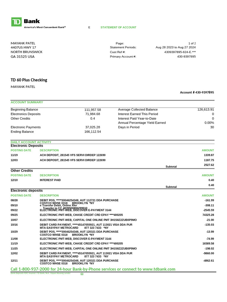 USA (TD Bank Statement BankStatements) | PDF