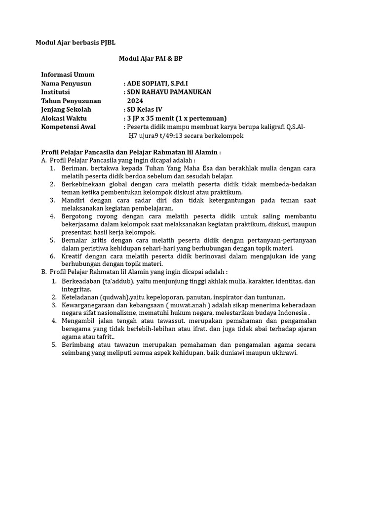 Modul Ajar PJBL Ade Sopiati PPL 2-1 | PDF